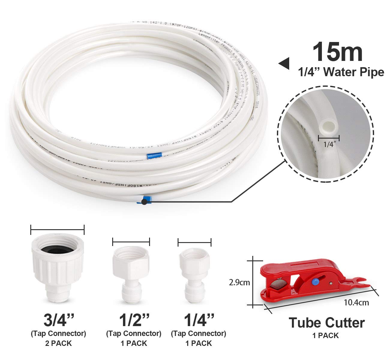 49.2Ft Water Supply Pipe Tube,Refrigerator Water Line +Fridge Connector Kit, ice Maker Water Line Kit for Refrigerator,Ice Maker... (1/4" tubing Pipe)-Easy Installation