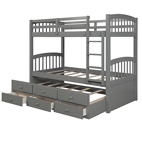 Harper & Bright Designs Twin Over Twin Bunk Bed with Trundle and Storage, Solid Wood Bunk Bed Frame with 3 Drawers for Kids, Teens, Adults (Gray)