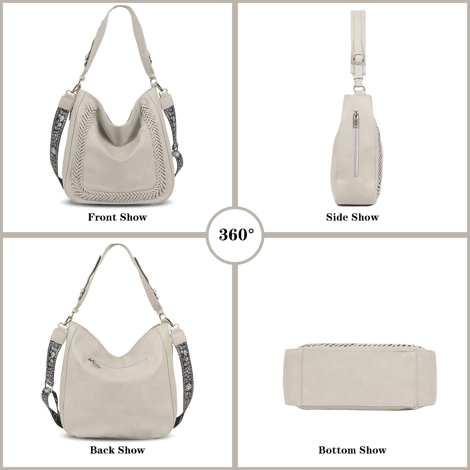 EMBRUNIOICE Large Hobo Bags for Women, Vegan Leather Hobo Purse and Handbag with Adjustable Guitar Strap, Ladies Crossbody Shoulder Bag (Light Grey)