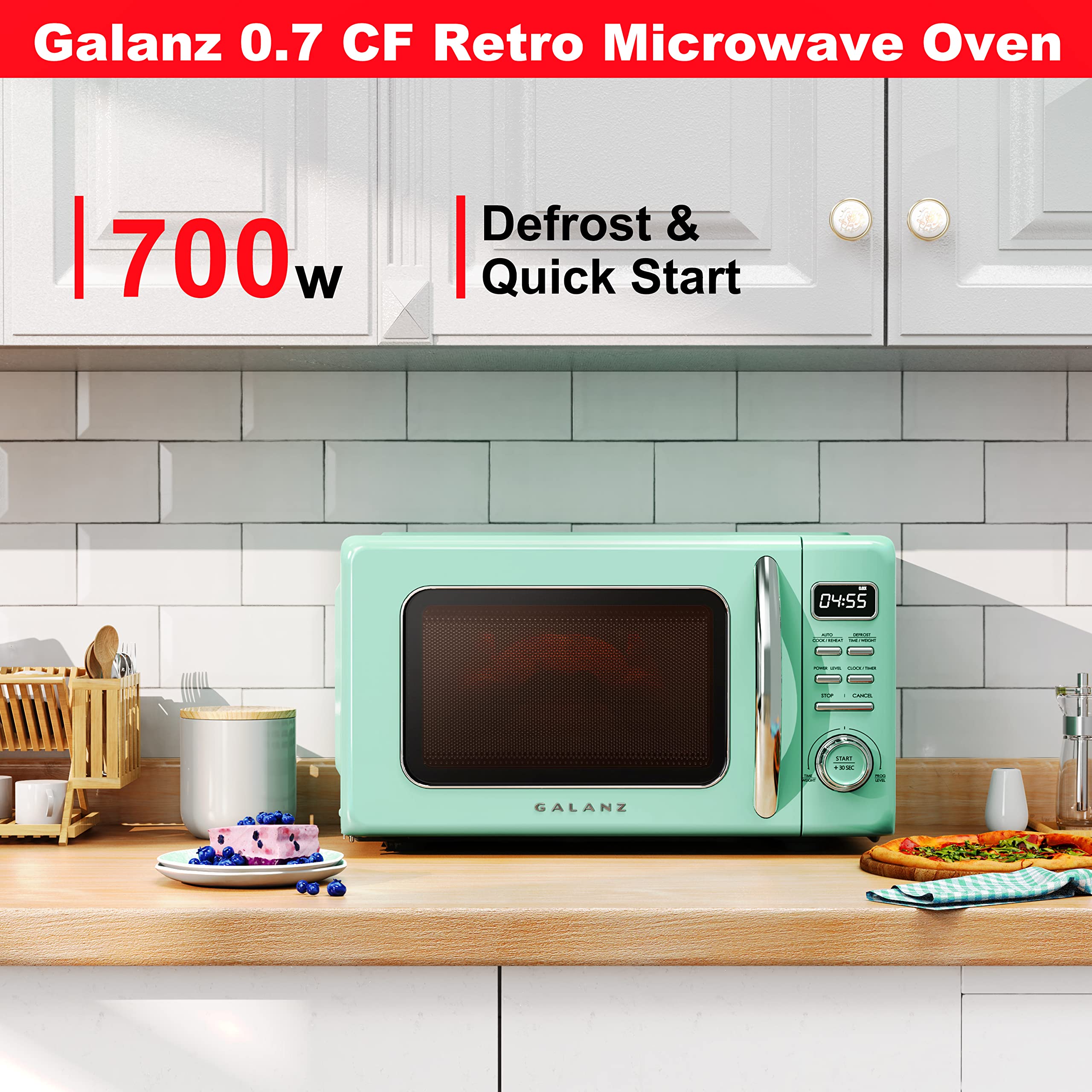 Galanz GLR25MGNR10 Retro Compact Refrigerator, Mini Fridge & GLCMKZ07GNR07 Retro Countertop Microwave Oven with Auto Cook & Reheat, Defrost, Quick Start Functions, Pull Handle.7 cu ft, Green