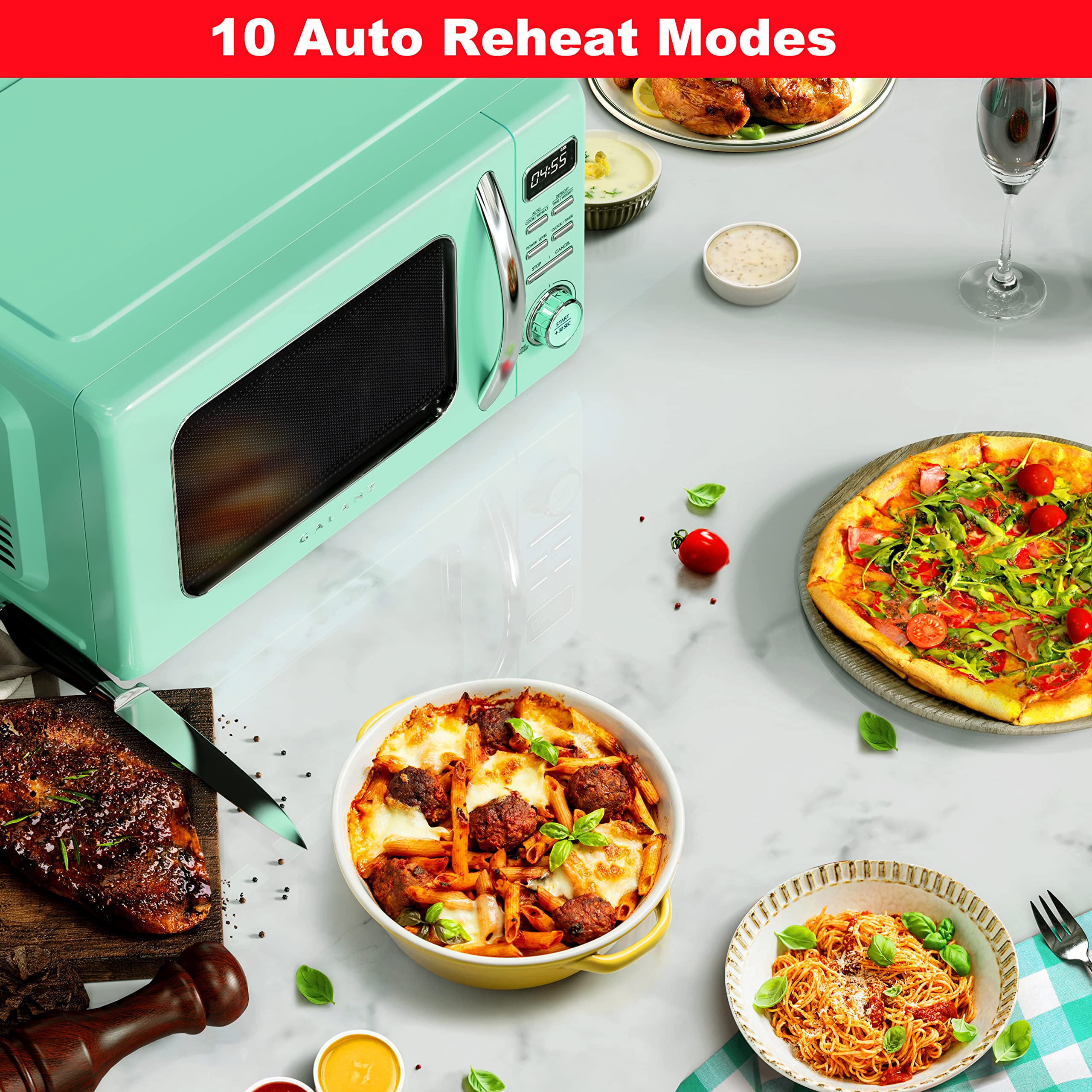Galanz GLR25MGNR10 Retro Compact Refrigerator, Mini Fridge & GLCMKZ07GNR07 Retro Countertop Microwave Oven with Auto Cook & Reheat, Defrost, Quick Start Functions, Pull Handle.7 cu ft, Green