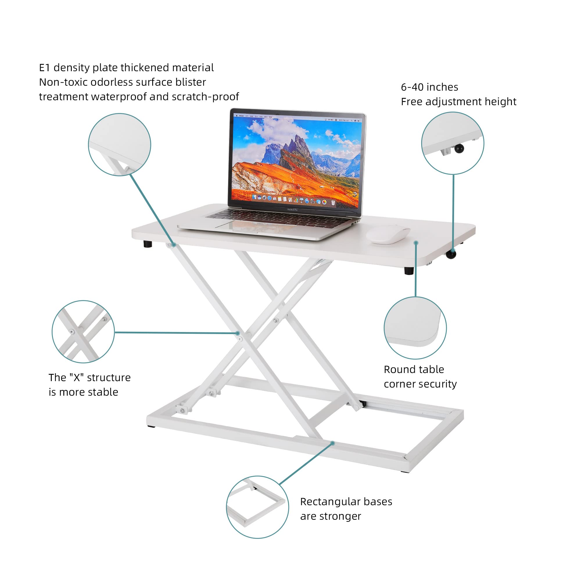 Standing Desk Converter White,Stand up Desk Riser on The Table,Adjustable Height Table top Apply for Laptop and Single Monitor Workstation Office Use.