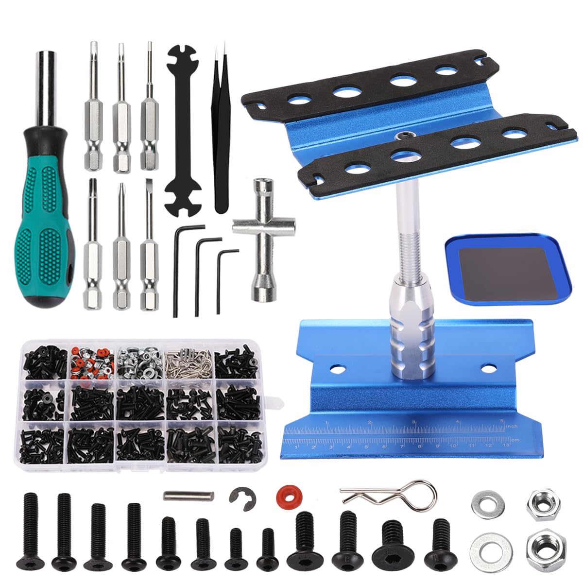 RC Car Repair Work Stand 532 PCS RC Repair Tool Screws Set Kit 360 Degree Rotation RC Repair Station Screwdrivers Screws Pallet Kit for 1/8 1/10 1/12 1/16 1/18 RC Crawler Truck Buggy Tool Set