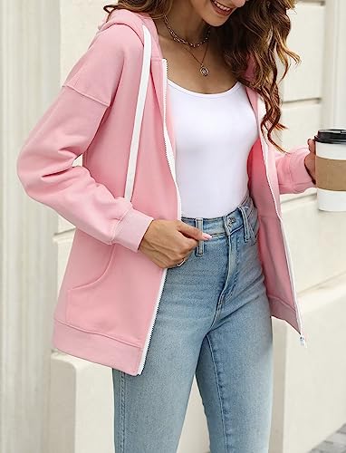 Minetom Women's Full Zip Up Hoodies Long Sleeve Color Block/Solid Hooded Sweatshirts Jackets with Pocket A Pink