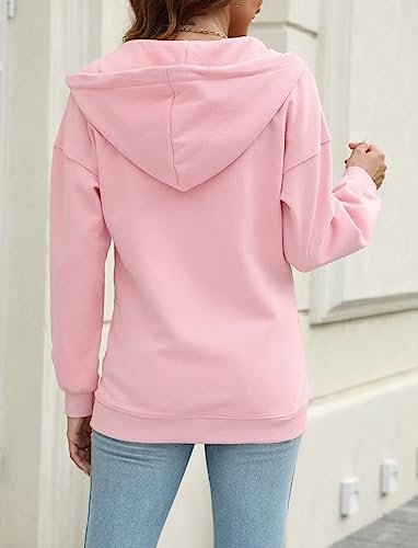 Minetom Women's Full Zip Up Hoodies Long Sleeve Color Block/Solid Hooded Sweatshirts Jackets with Pocket A Pink