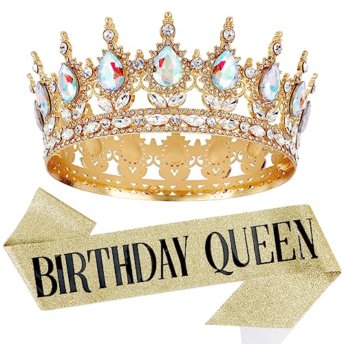 KICOSY Crowns for Women Birthday Queen Sash & Crystal Crown Set Gold Birthday Tiara Birthday Crowns for Women Rhinestone Headband Birthday Sash and Tiara for Women Girls Birthday Decoration