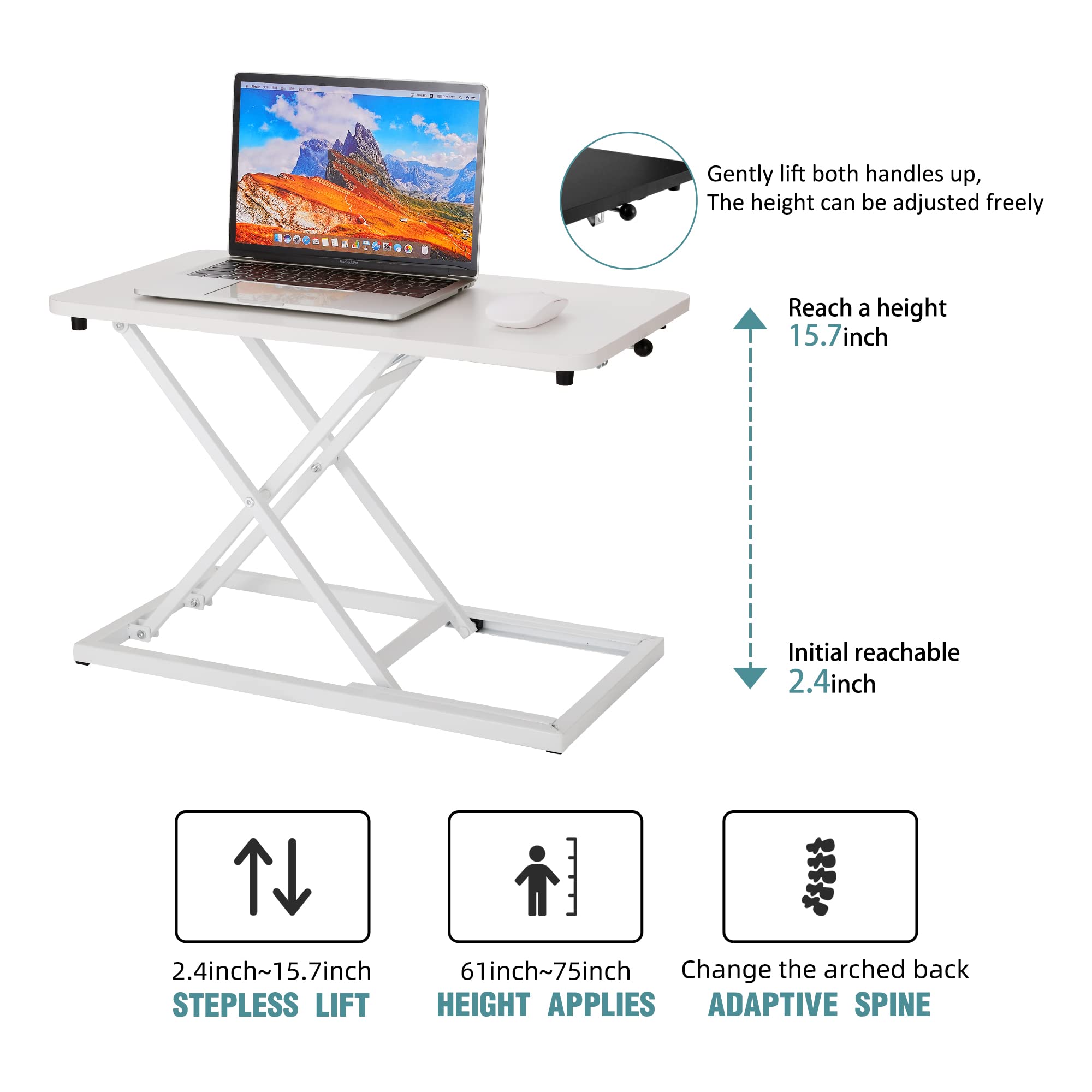 Standing Desk Converter White,Stand up Desk Riser on The Table,Adjustable Height Table top Apply for Laptop and Single Monitor Workstation Office Use.