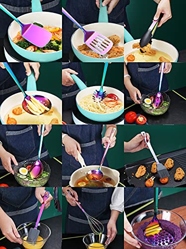 Rainbow Cooking Utensils Set, Kyraton Stainless Steel 37 Pieces Kitchen Utensils Set with Titanium Colorful Plating, Kitchen Tool Gadgets Set with Utensil Rack Heat Resistant Dishwasher Safe
