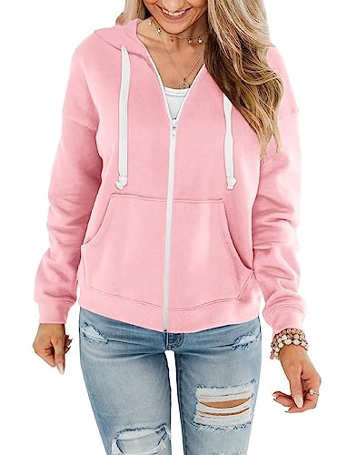 Minetom Women's Full Zip Up Hoodies Long Sleeve Color Block/Solid Hooded Sweatshirts Jackets with Pocket A Pink