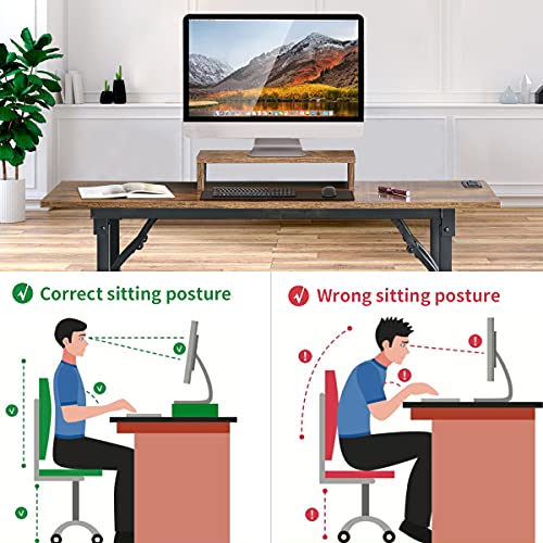 TEMI 43.3'' Computer Desk with Power Outlet and Monitor Riser Included, Home Office Writing Study Desk, Small Desk Workstation, Stable Metal Frame, Rustic Brown