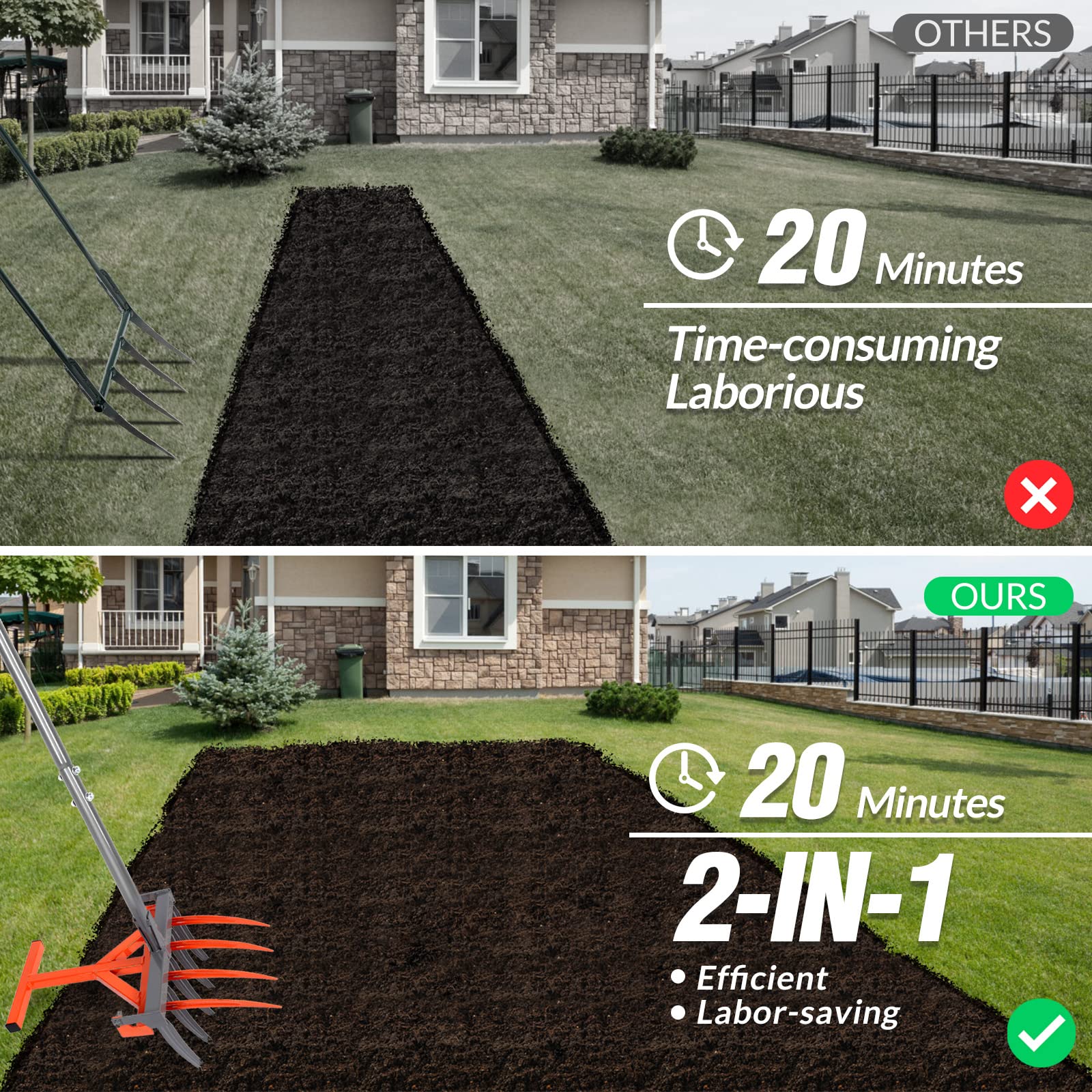 Walensee Broad Fork Tool Cultivator Tiller Manual Hand Tiller with 9 Steel Tines for Garden & Lawn 2-IN-1 Garden Twist Tiller for Regularly Digging and Crushing Soil, Pitchfork Boradfork Tool For Farm