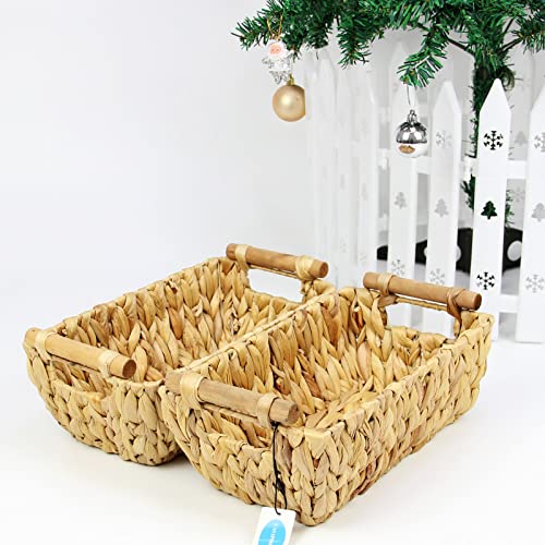 Casaphoria Small Square Irregular Hyacinth Storage Baskets Natural Hand Woven Water Hyacinth Snacks Fruits Basket Durable Trapezoid Sundries Baskets with Built-in Wooden Handles towel Basket,2-Pack