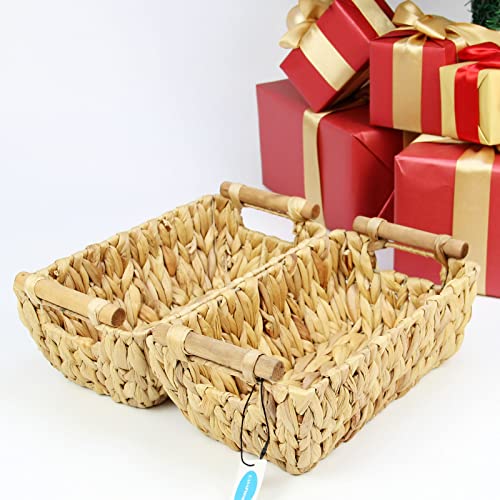 Casaphoria Small Square Irregular Hyacinth Storage Baskets Natural Hand Woven Water Hyacinth Snacks Fruits Basket Durable Trapezoid Sundries Baskets with Built-in Wooden Handles towel Basket,2-Pack