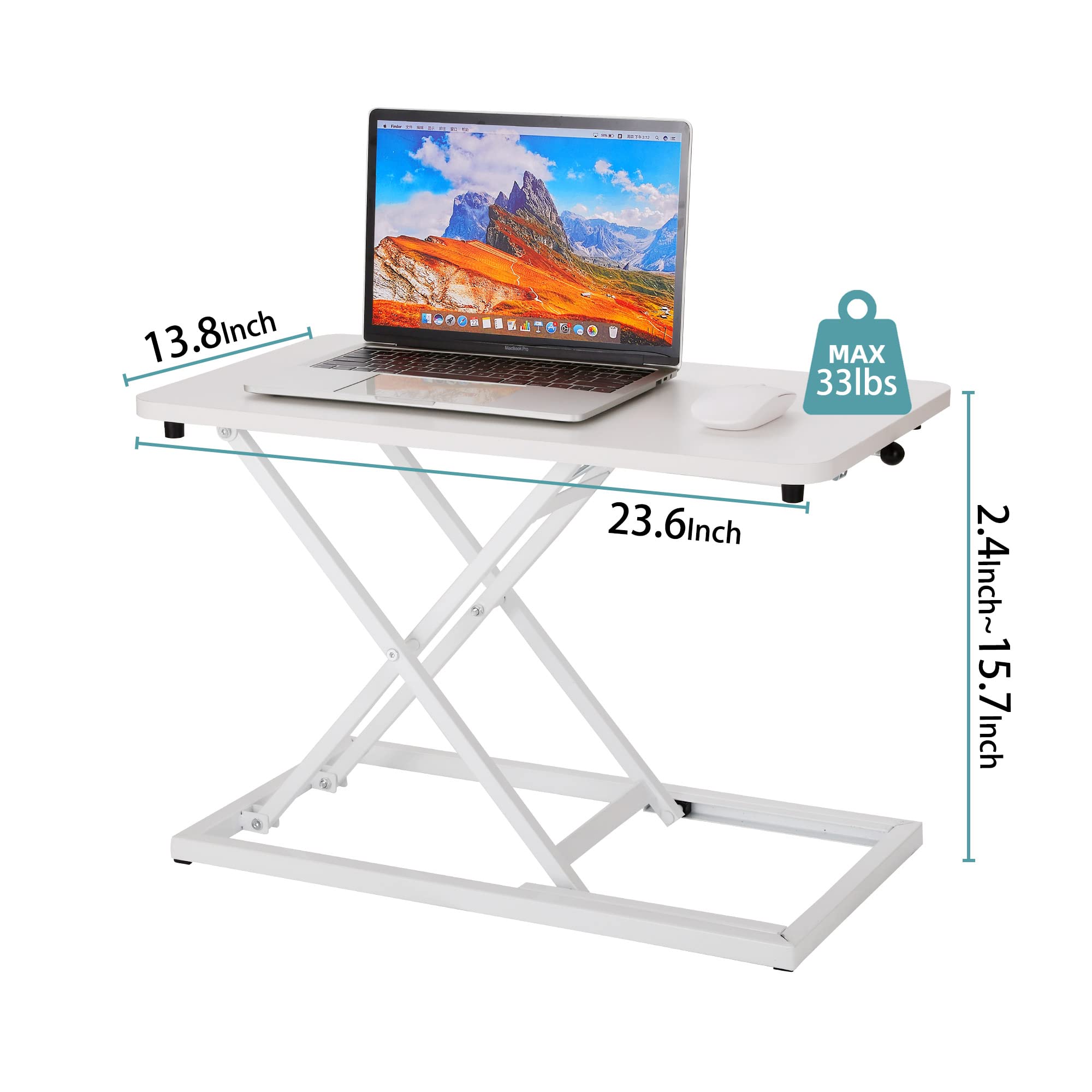 Standing Desk Converter White，Stand up Desk Riser on The Table，Adjustable Height Table top Apply for Laptop and Single Monitor Workstation Office Use.
