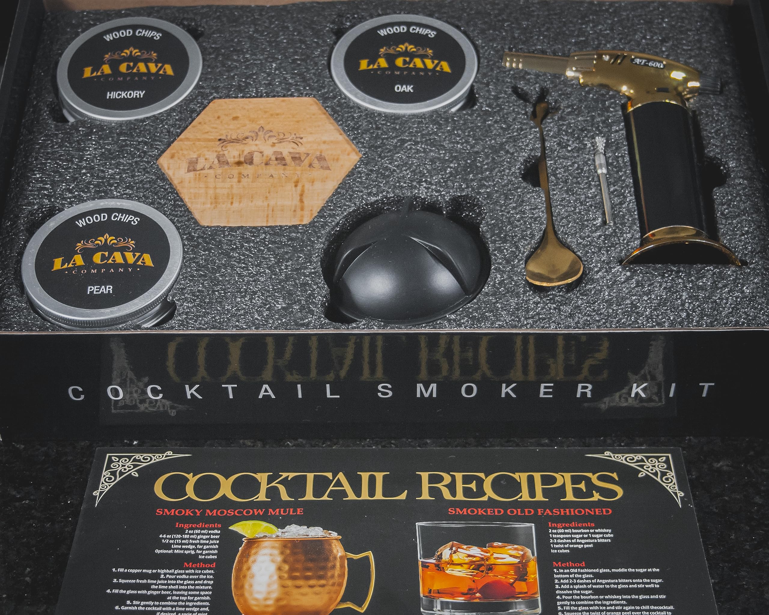 Cocktail Smoker Kit with Torch – 6 Flavors Wood Chips – Sphere Ice Mold, Bourbon, Whiskey Infuser Kit, Old Fashioned Drink Birthday Bourbon Whiskey Gifts for Men, Dad, Husband (Without Butane)