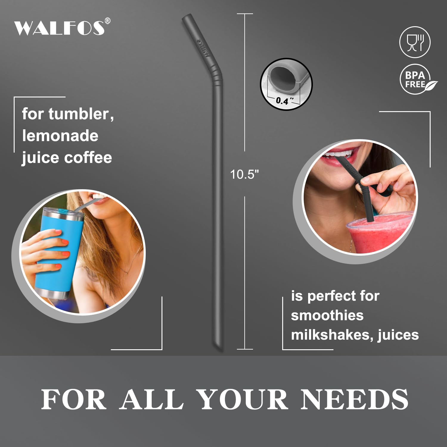 Walfos Reusable Silicone Straws -10.5 Inch Flexible Drinking Bendy Straws for Smoothies/20 & 30 oz Tumblers, BPA Free (6 Wide Straws + 1 Cleaning Brushes )