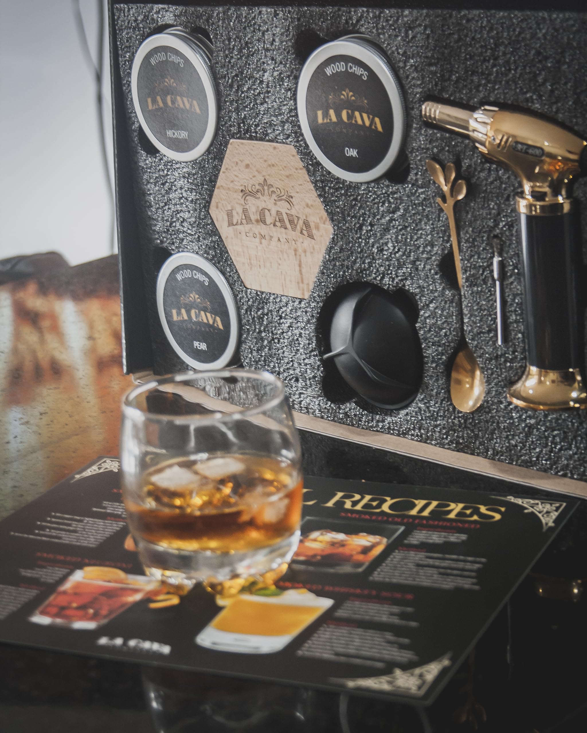 Cocktail Smoker Kit with Torch – 6 Flavors Wood Chips – Sphere Ice Mold, Bourbon, Whiskey Infuser Kit, Old Fashioned Drink Birthday Bourbon Whiskey Gifts for Men, Dad, Husband (Without Butane)