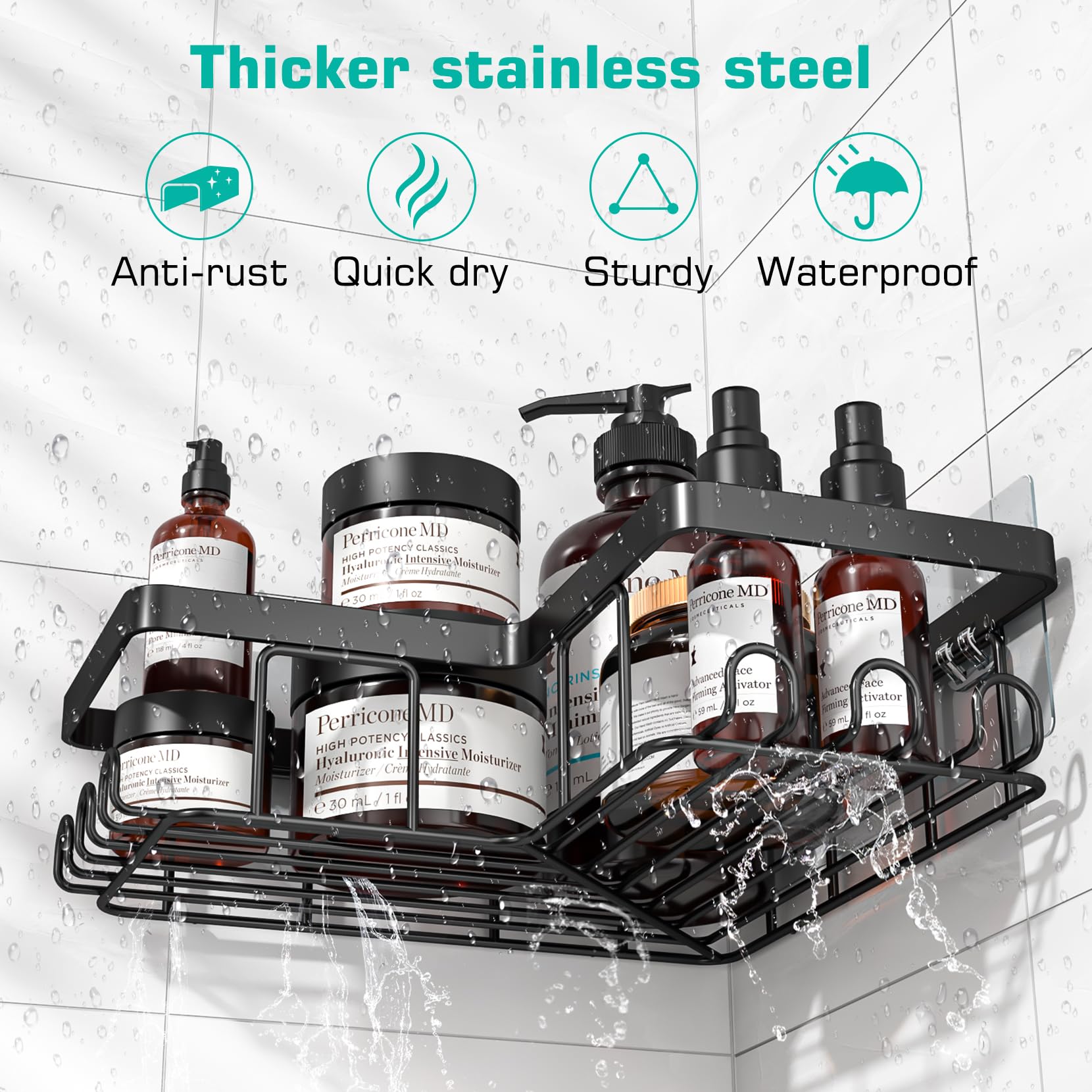 YASONIC Corner Shower Caddy, 3-Pack Adhesive Shower Caddy with Mesh Shower Caddy Portable, Rustproof Stainless Steel Bathroom Shower Organizer, No Drilling Wall Mounted Shower Rack, Bathroom, Black