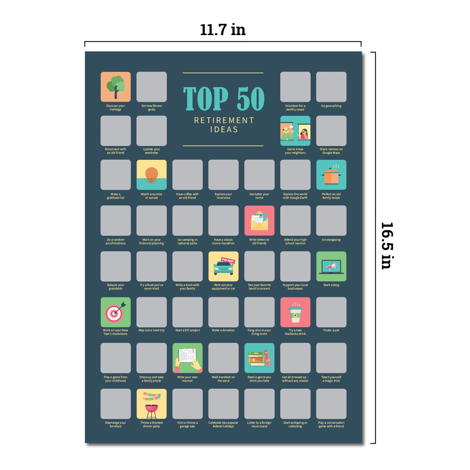 Retirement Party Gift Retirement Ideas Scratch Off Bucket List Poster – 50 Original Activities Ideas for Retirement Hobbies and Fun Things to Do in Retirement - UNFRAMED 11.7 x 16.5 Retirement Banner