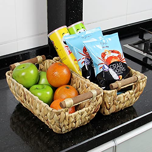 Casaphoria Small Square Irregular Hyacinth Storage Baskets Natural Hand Woven Water Hyacinth Snacks Fruits Basket Durable Trapezoid Sundries Baskets with Built-in Wooden Handles towel Basket,2-Pack