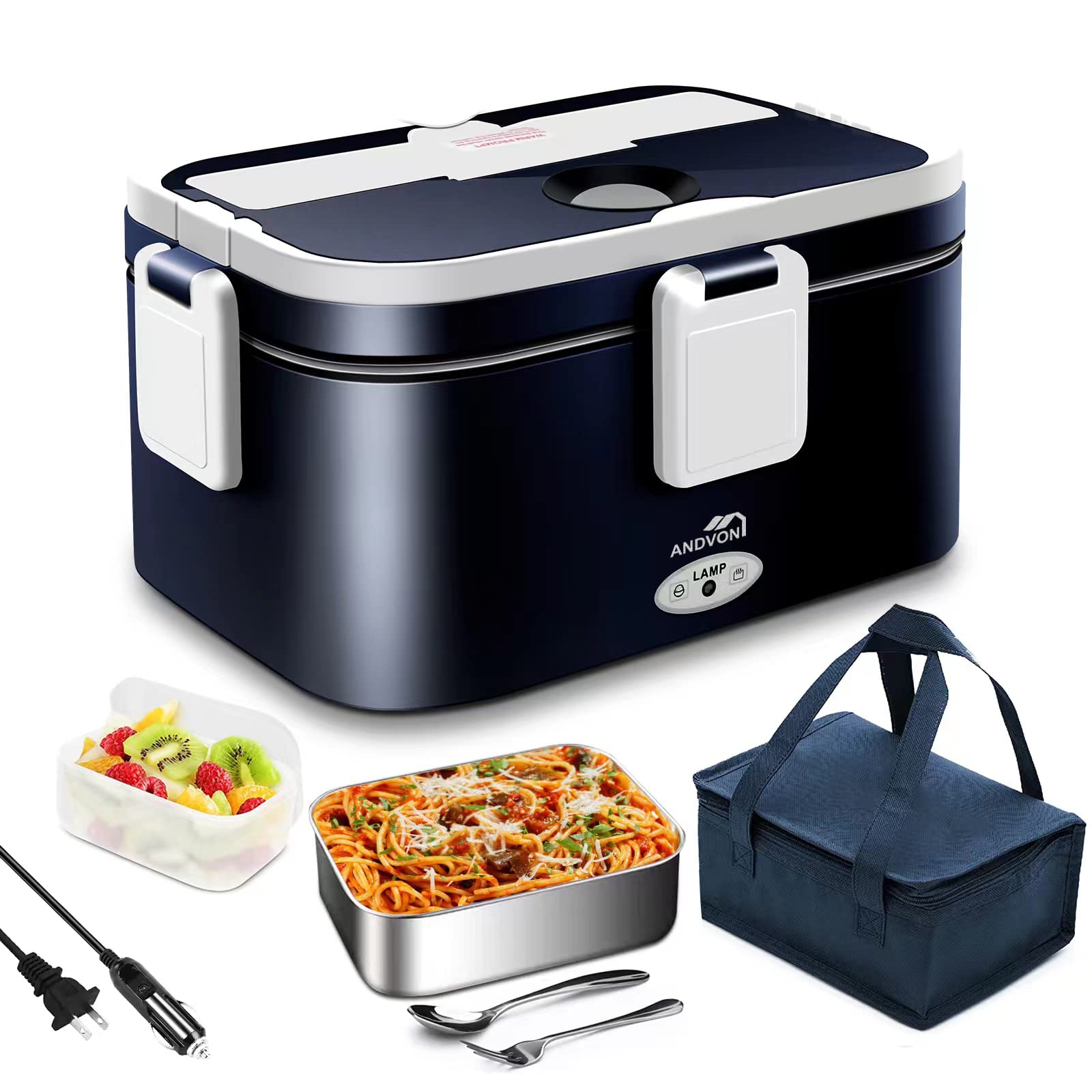 Andvon 80W Fast Heating Electric Lunch Box for Men-1.8L Large-Capacity Portable Food Heater For Adults-Leakproof 3-In-1 Heated Food Warmer For Car/Work With SS Fork&Spoon and Carry Bag