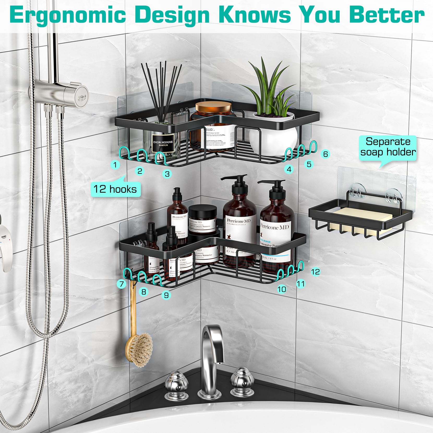YASONIC Corner Shower Caddy, 3-Pack Adhesive Shower Caddy with Mesh Shower Caddy Portable, Rustproof Stainless Steel Bathroom Shower Organizer, No Drilling Wall Mounted Shower Rack, Bathroom, Black