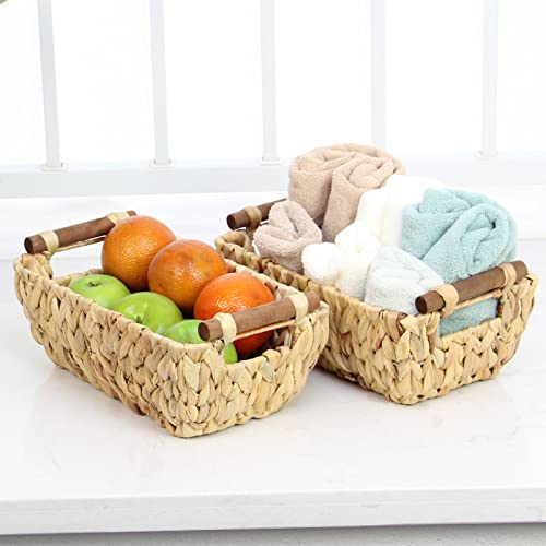 Casaphoria Small Square Irregular Hyacinth Storage Baskets Natural Hand Woven Water Hyacinth Snacks Fruits Basket Durable Trapezoid Sundries Baskets with Built-in Wooden Handles towel Basket,2-Pack