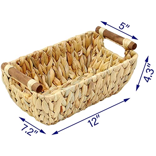 Casaphoria Small Square Irregular Hyacinth Storage Baskets Natural Hand Woven Water Hyacinth Snacks Fruits Basket Durable Trapezoid Sundries Baskets with Built-in Wooden Handles towel Basket,2-Pack