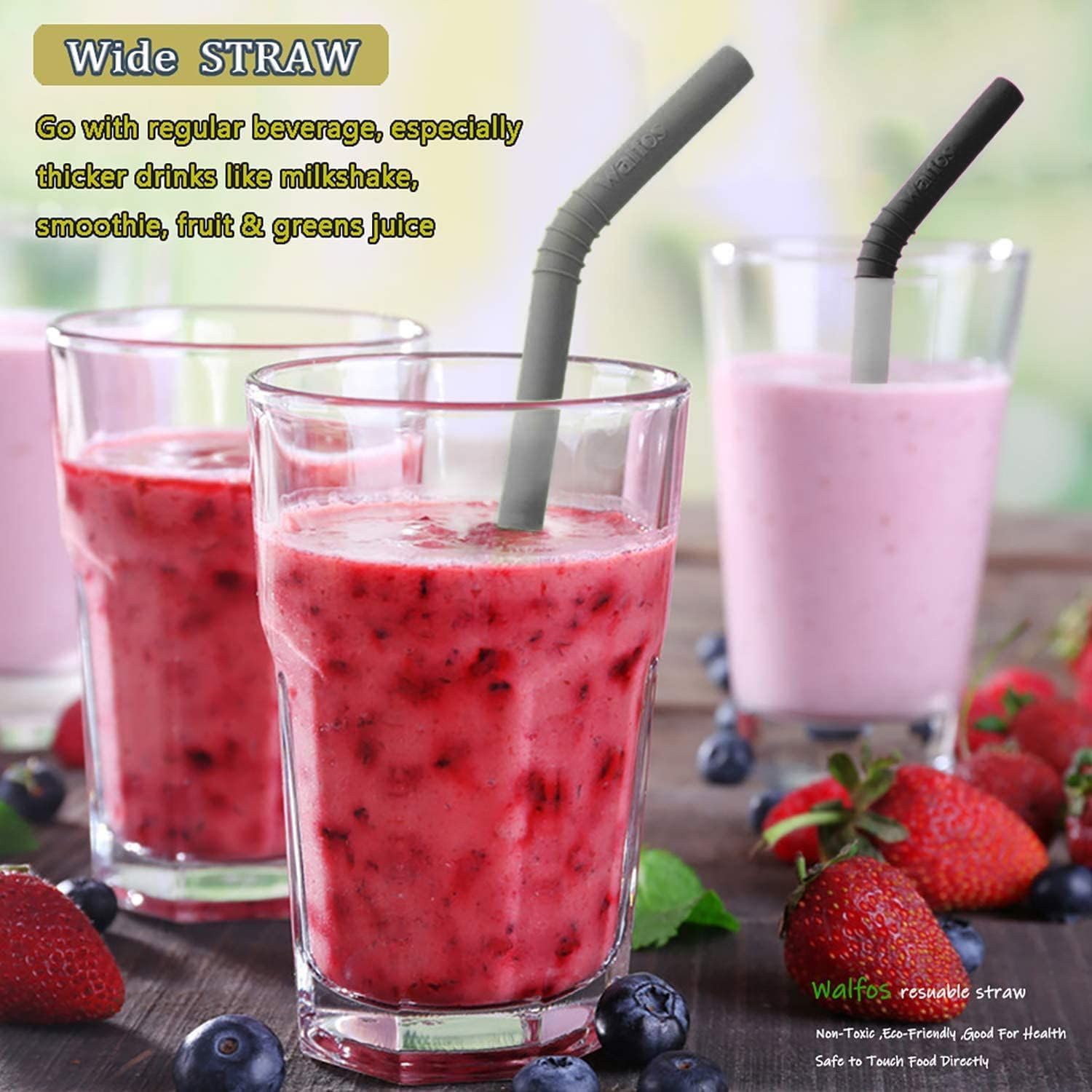 Walfos Reusable Silicone Straws -10.5 Inch Flexible Drinking Bendy Straws for Smoothies/20 & 30 oz Tumblers, BPA Free (6 Wide Straws + 1 Cleaning Brushes )