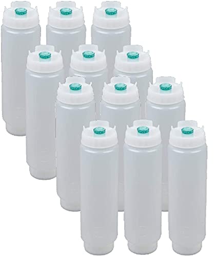 FIFO Squeeze Bottle Refillable 16 oz | Green Tip Small Valve Dispenser for Thin Condiments, Sauces, Batter and Dressing | Self Sealing No Drip No Hassle | (12 Pack)