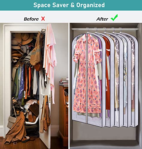 SLEEPING LAMB 60'' Long Hanging Garment Bags for Closet Storage Gusseted Clear Dress Bag for Clothes, Gowns, Coats, Suits, 5 Packs