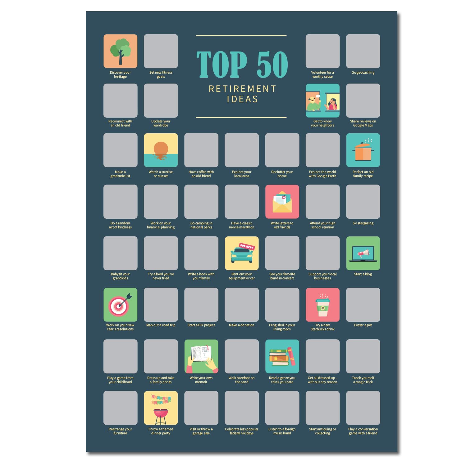 Retirement Party Gift Retirement Ideas Scratch Off Bucket List Poster – 50 Original Activities Ideas for Retirement Hobbies and Fun Things to Do in Retirement - UNFRAMED 11.7 x 16.5 Retirement Banner