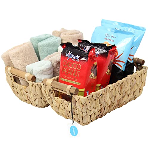 Casaphoria Small Square Irregular Hyacinth Storage Baskets Natural Hand Woven Water Hyacinth Snacks Fruits Basket Durable Trapezoid Sundries Baskets with Built-in Wooden Handles towel Basket,2-Pack