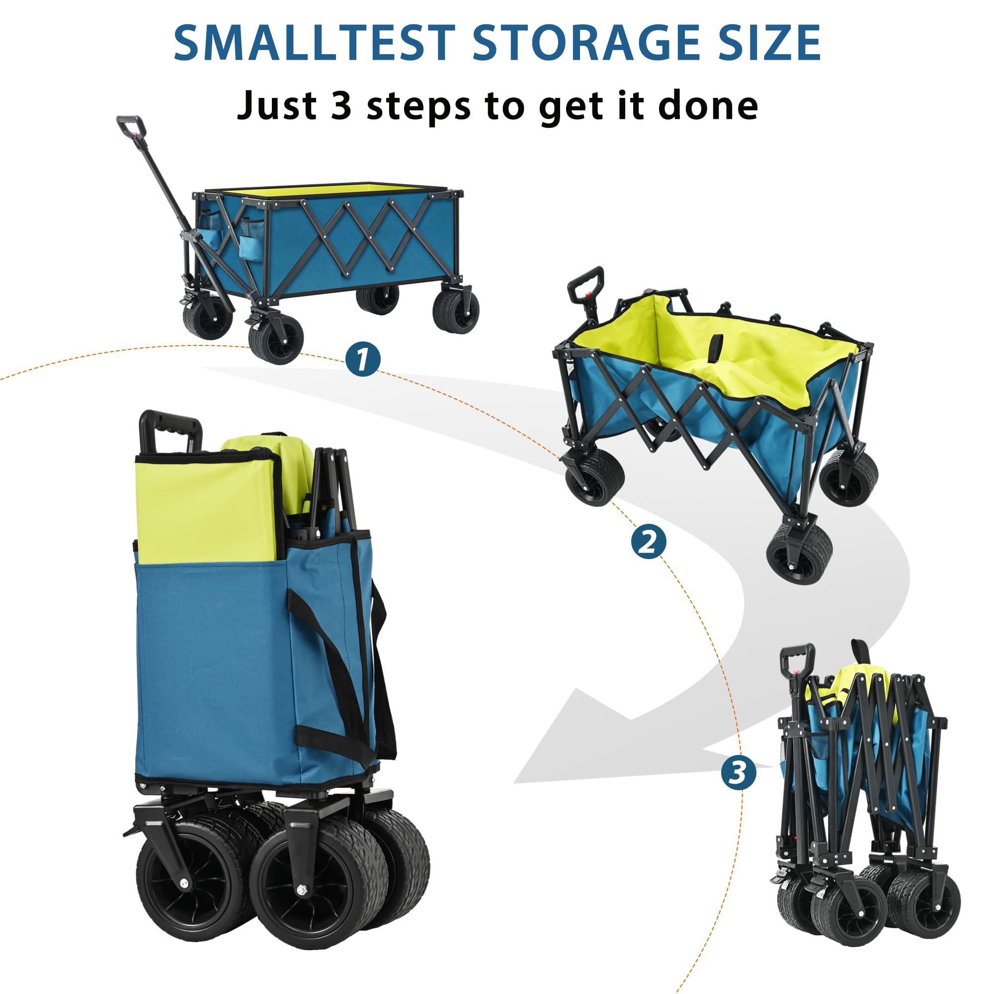 WARMHONIU Beach Wagon Cart with Big Wheels for Sand, Aluminum Collapsible Folding Wagon, Heavy Duty Foldable Cart with Removable Wheels, Outdoor Utility Wagon for Sand, Camping, Garden