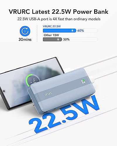 VRURC Portable Charger, 22.5W Fast Charging Power Bank with Built-in Cables & AC Wall Plug, 10000mAh Battery Pack(QC4.0 PD3.0), USB C with 4 Output 2 Input, Compatible with iPhone Samsung etc - Blue