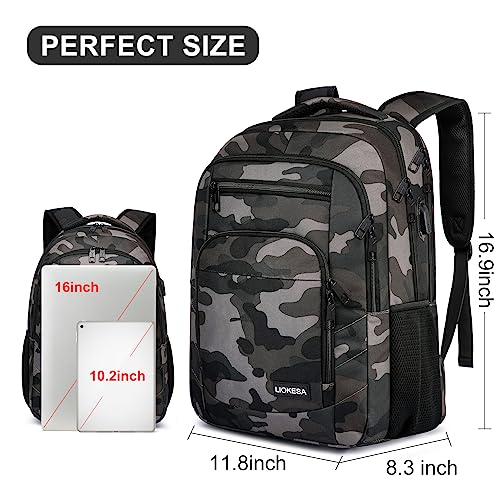 Liokesa Laptop Backpack for Men, Large School Backpack for Teens, Business Slim Laptop Backpack with USB Charging Port, 15.6 Inch Anti Theft Water Resistant College Bookbag Computer Bag Daypack, Camo