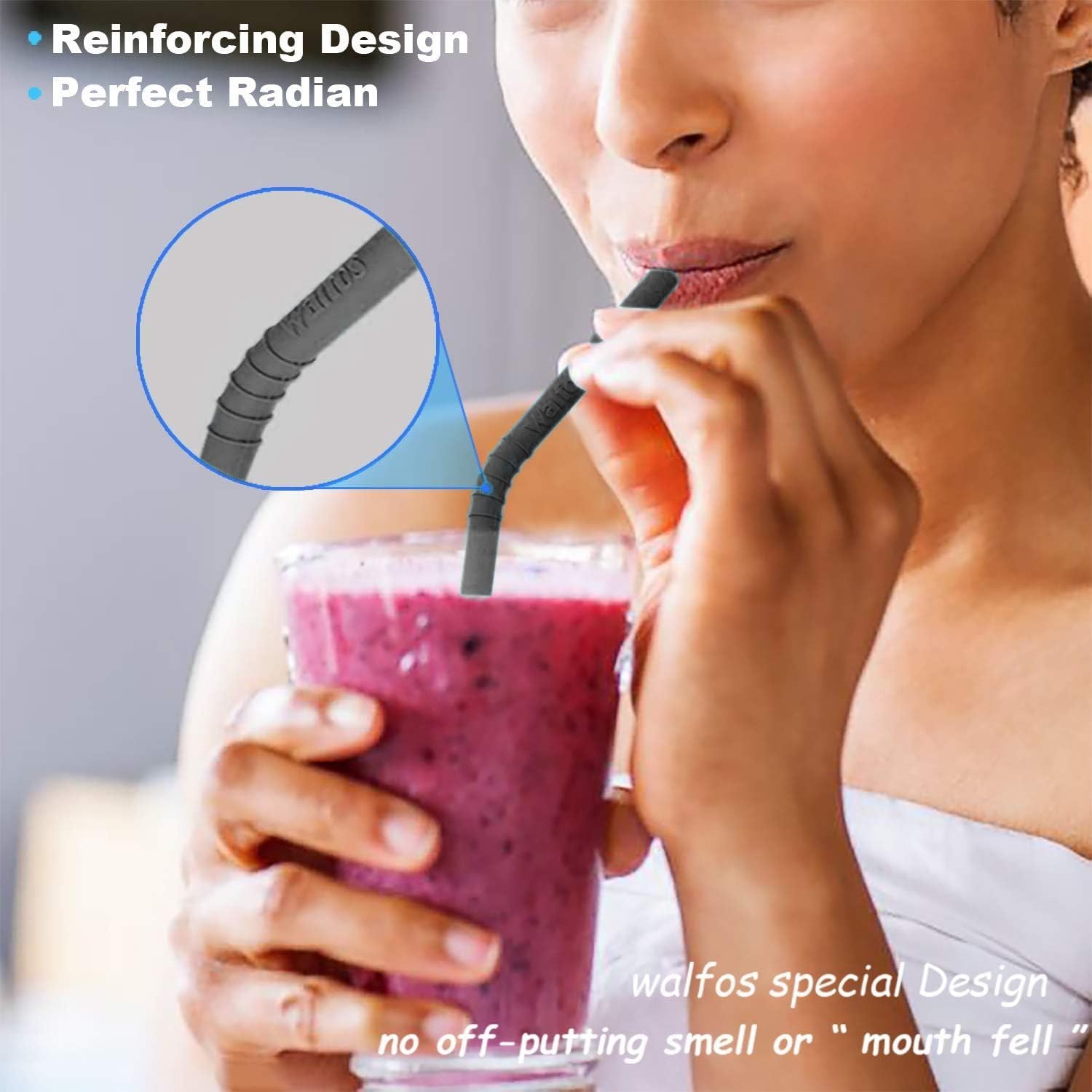 Walfos Reusable Silicone Straws -10.5 Inch Flexible Drinking Bendy Straws for Smoothies/20 & 30 oz Tumblers, BPA Free (6 Wide Straws + 1 Cleaning Brushes )