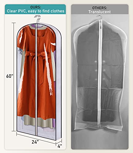 SLEEPING LAMB 60'' Long Hanging Garment Bags for Closet Storage Gusseted Clear Dress Bag for Clothes, Gowns, Coats, Suits, 5 Packs