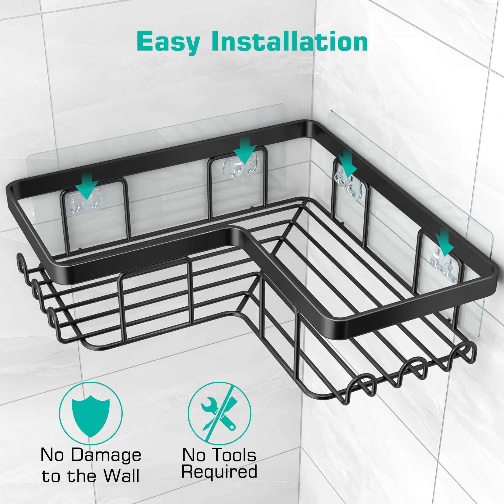 YASONIC Corner Shower Caddy, 3-Pack Adhesive Shower Caddy with Mesh Shower Caddy Portable, Rustproof Stainless Steel Bathroom Shower Organizer, No Drilling Wall Mounted Shower Rack, Bathroom, Black