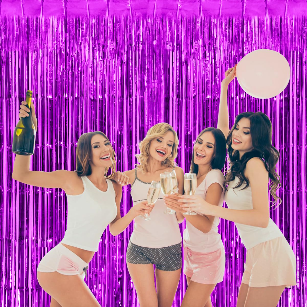 Thicken Purple Foil Fringe Curtains Decorations 3.2x8.2ft - 2 Pack, Photo Backdrop for Birthday Bachelorette Bridal Shower Baby Shower Graduation Party, Party Streams Decor