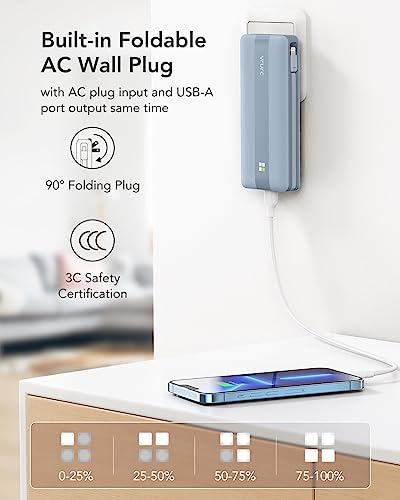 VRURC Portable Charger, 22.5W Fast Charging Power Bank with Built-in Cables & AC Wall Plug, 10000mAh Battery Pack(QC4.0 PD3.0), USB C with 4 Output 2 Input, Compatible with iPhone Samsung etc - Blue