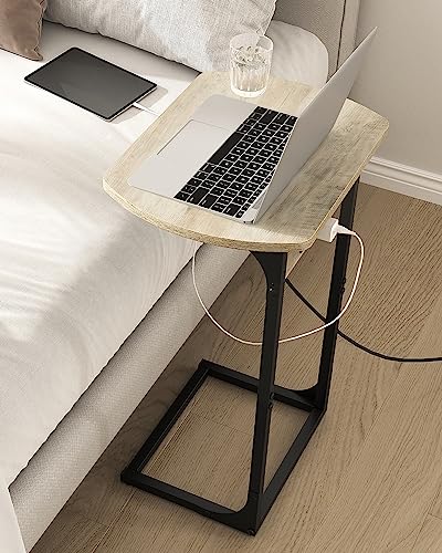 Hzuaneri C Shaped End Table with Charging Station, Bed Side Table with USB Port & Outlet, Couch Table, C Snack Table for Living Room, Bedroom, Greige and Black ET05105B