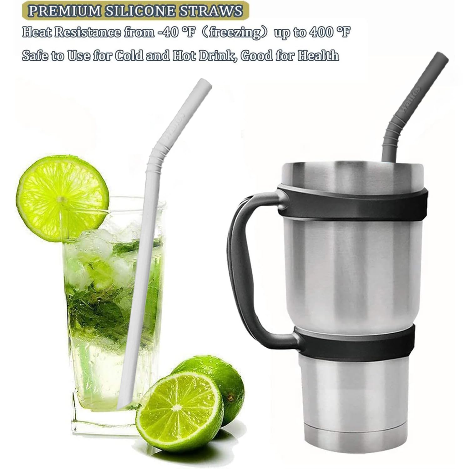Walfos Reusable Silicone Straws -10.5 Inch Flexible Drinking Bendy Straws for Smoothies/20 & 30 oz Tumblers, BPA Free (6 Wide Straws + 1 Cleaning Brushes )