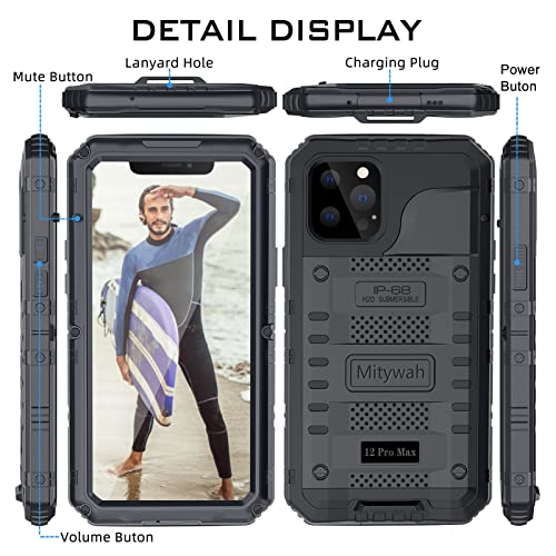 Mitywah Waterproof Case for iPhone 12 Pro Max, Heavy Duty Military Grade Armor Metal Case, Full Body Protective Rugged Shockproof Thick Dustproof Strong Case for iPhone 12 Pro Max 6.7ββ, Black