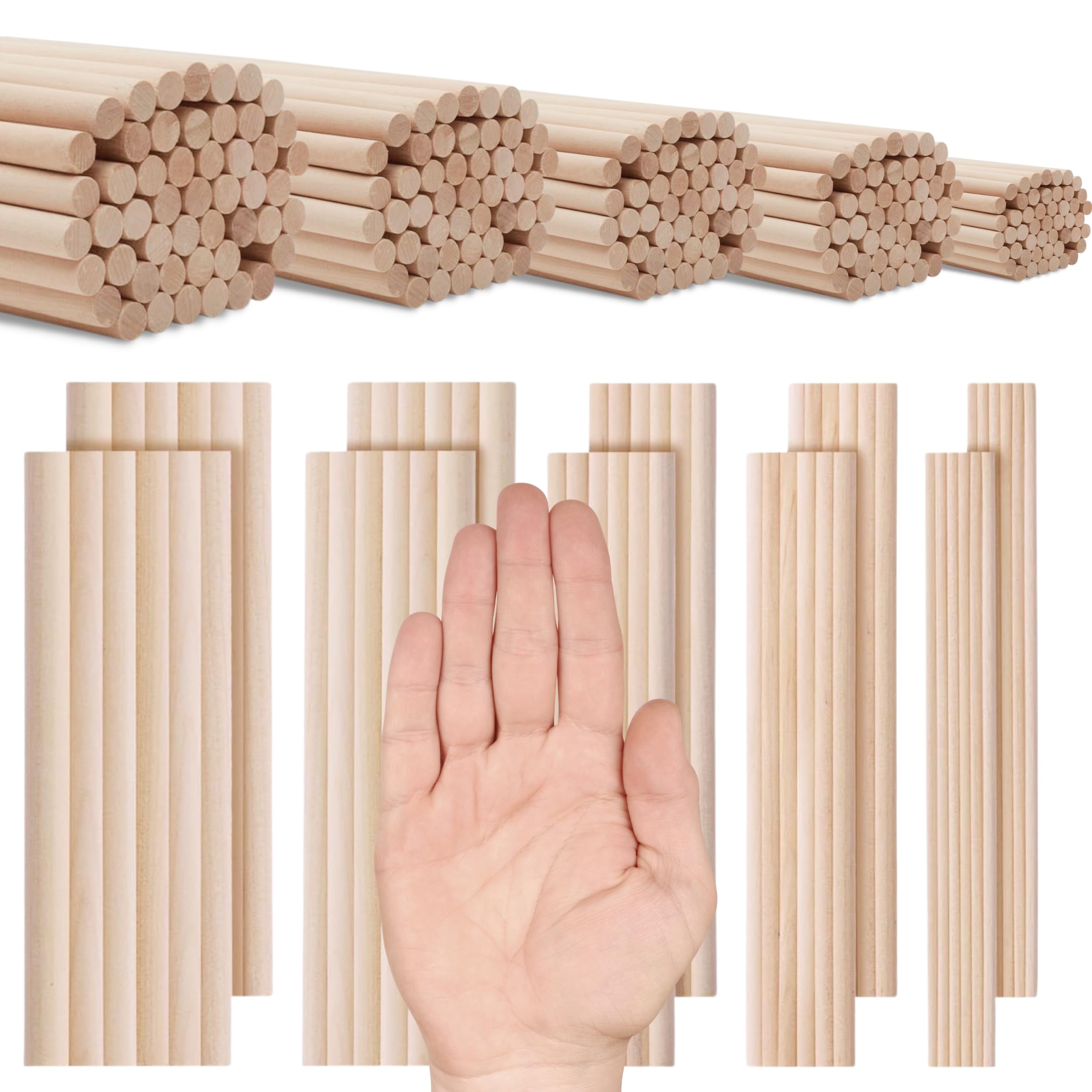 100 PCS Wooden Dowel Rods 6 inch Wood Dowels Assorted Sizes Craft Sticks 1/8 3/16 1/4 5/16 3/8 x 6 Inch Bamboo Sticks Long Bamboo Rods for Crafting