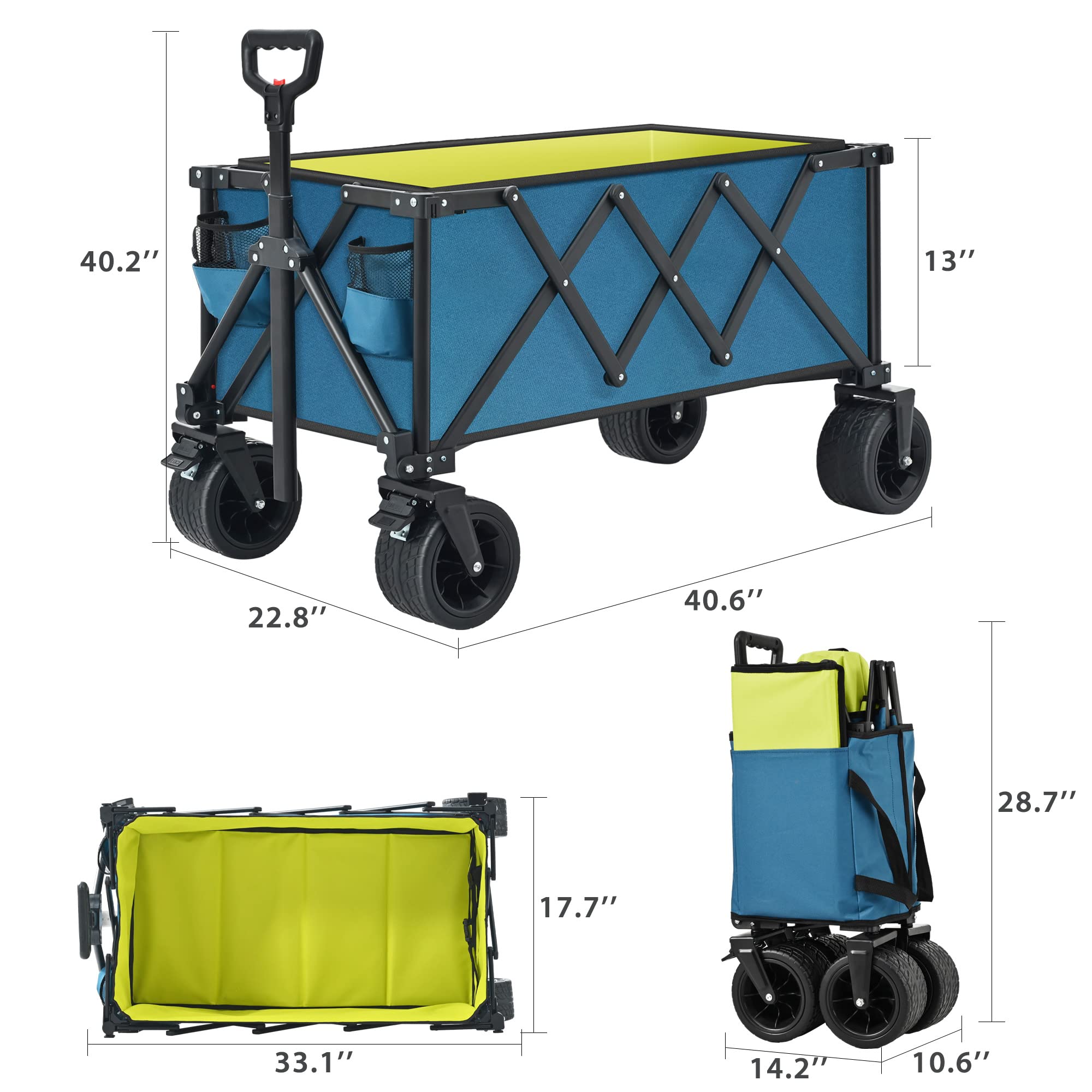 WARMHONIU Beach Wagon Cart with Big Wheels for Sand, Aluminum Collapsible Folding Wagon, Heavy Duty Foldable Cart with Removable Wheels, Outdoor Utility Wagon for Sand, Camping, Garden