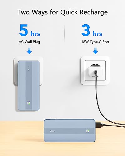 VRURC Portable Charger, 22.5W Fast Charging Power Bank with Built-in Cables & AC Wall Plug, 10000mAh Battery Pack(QC4.0 PD3.0), USB C with 4 Output 2 Input, Compatible with iPhone Samsung etc - Blue
