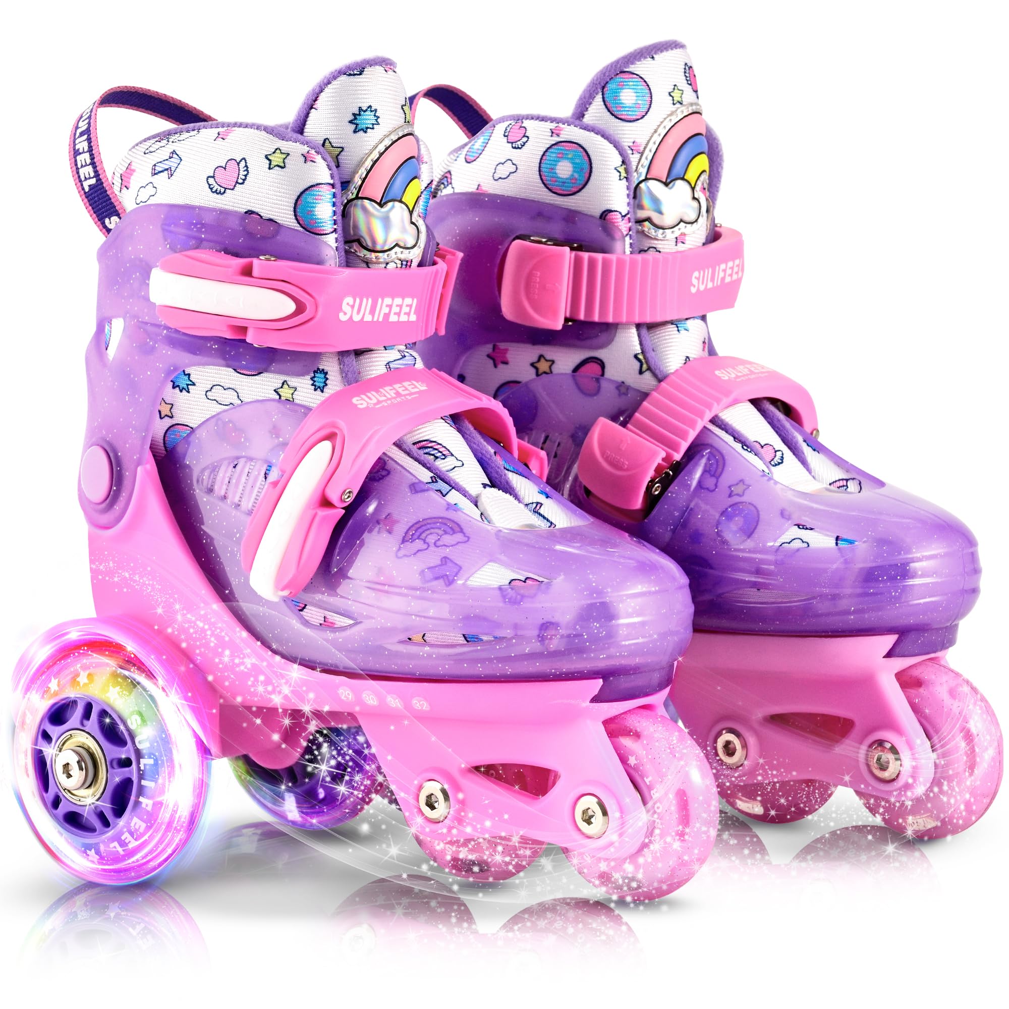SULIFEEL Adjustable Roller Skates for Girls Boys Kids,Fun Illuminating Light Up Flash Wheels Three-Point Type Balance Suitable for Beginners Indoor Roller Skating Purple & Pink Size Small