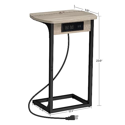 Hzuaneri C Shaped End Table with Charging Station, Bed Side Table with USB Port & Outlet, Couch Table, C Snack Table for Living Room, Bedroom, Greige and Black ET05105B