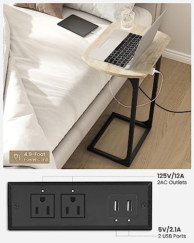 Hzuaneri C Shaped End Table with Charging Station, Bed Side Table with USB Port & Outlet, Couch Table, C Snack Table for Living Room, Bedroom, Greige and Black ET05105B